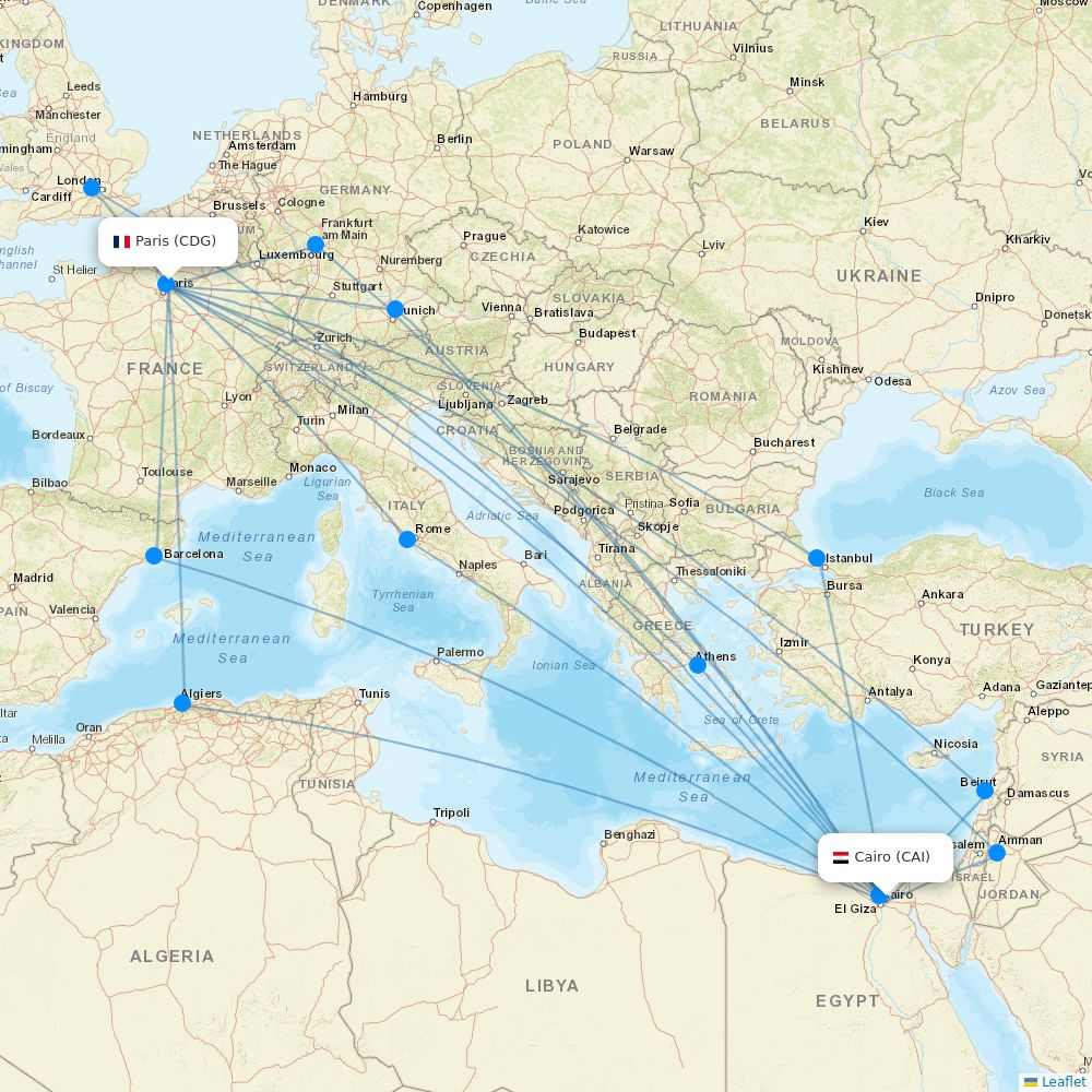 EgyptAir airline routes (MS) 2026, map - Flight Routes