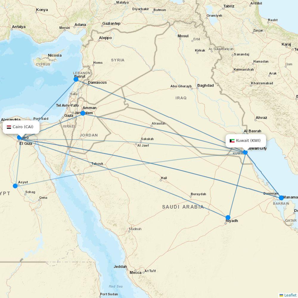 Jazeera Airways airline routes (J9) 2025, map - Flight Routes
