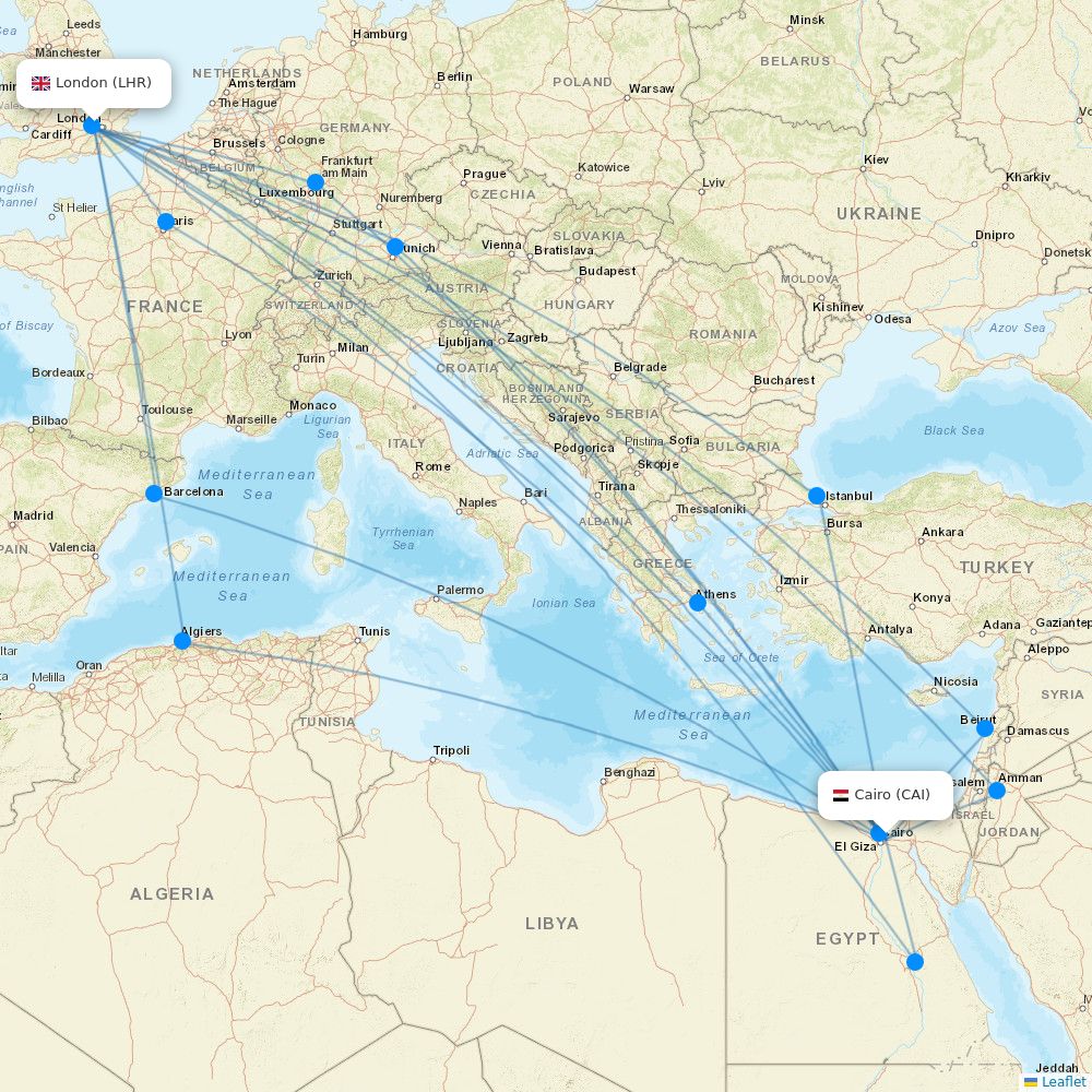 EgyptAir airline routes (MS) 2025, map - Flight Routes
