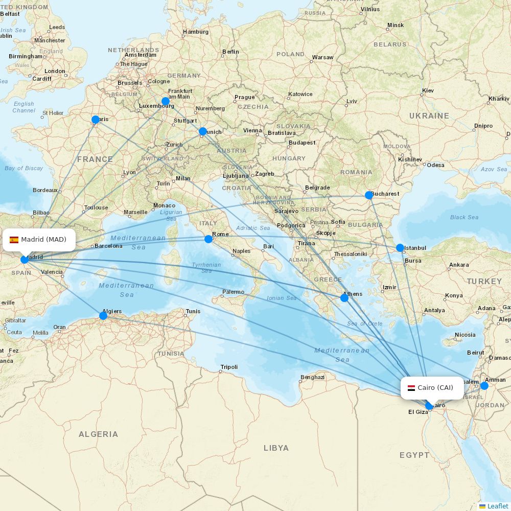 EgyptAir airline routes (MS) 2026, map - Flight Routes