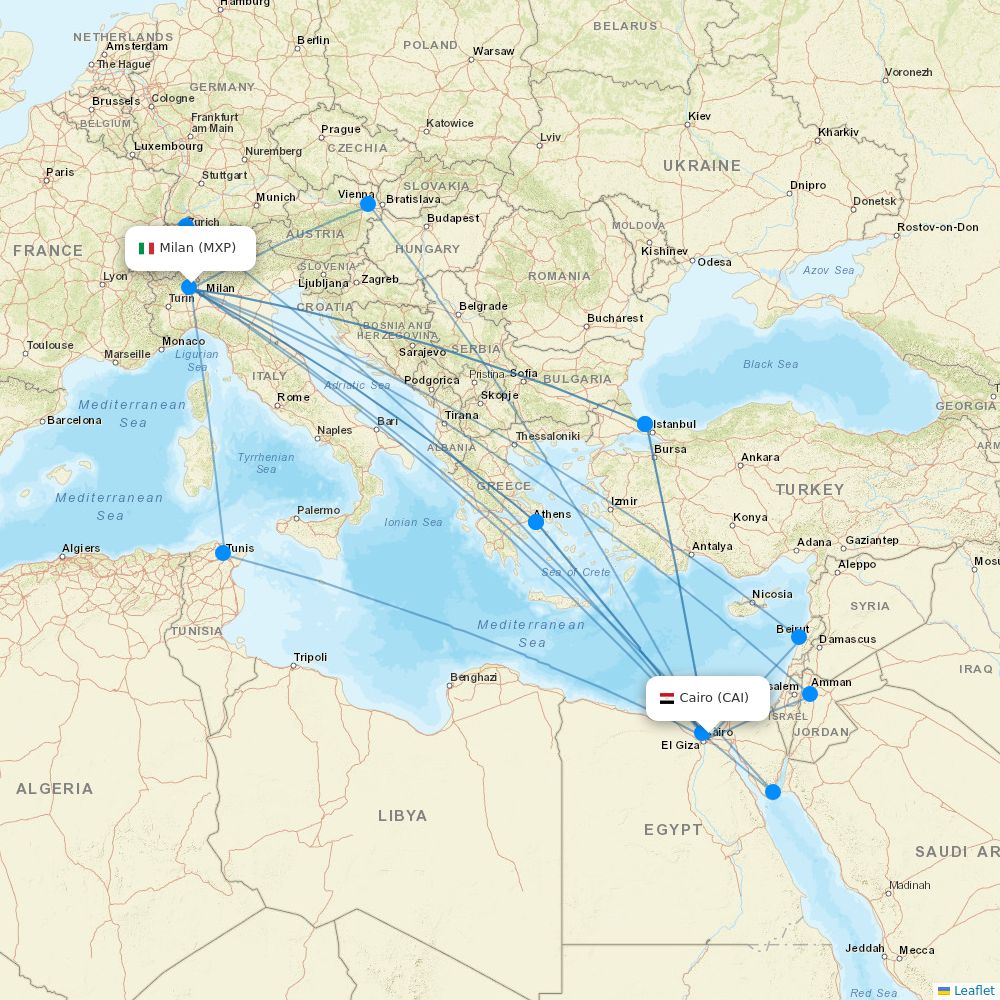 EgyptAir airline routes (MS) 2025, map - Flight Routes