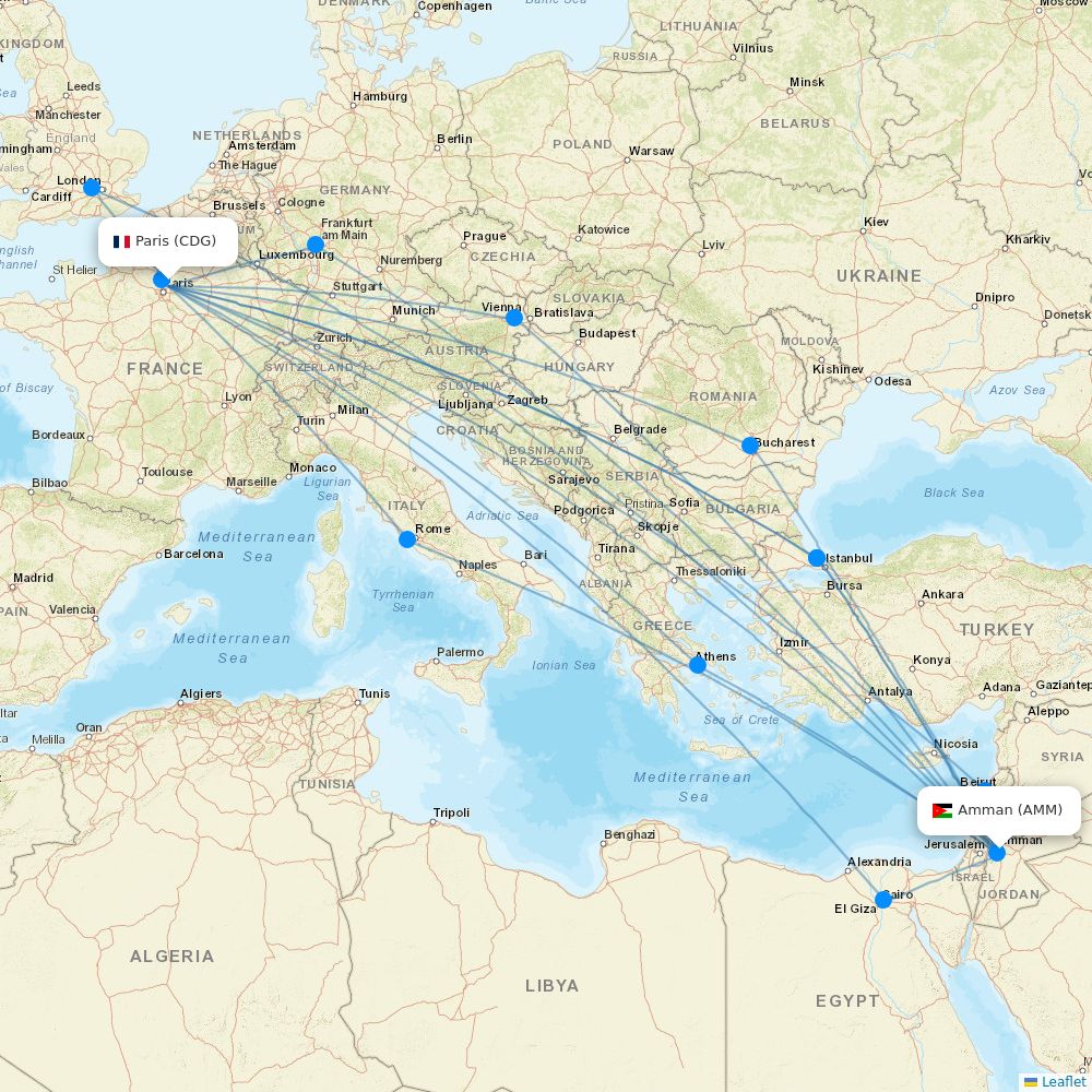 Royal Jordanian airline routes (RJ) 2026, map - Flight Routes