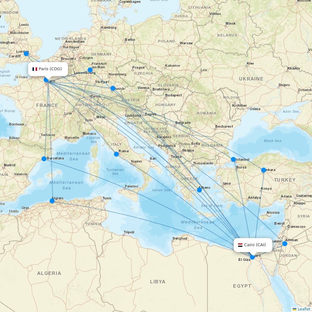 EgyptAir airline routes (MS) 2026, map - Flight Routes
