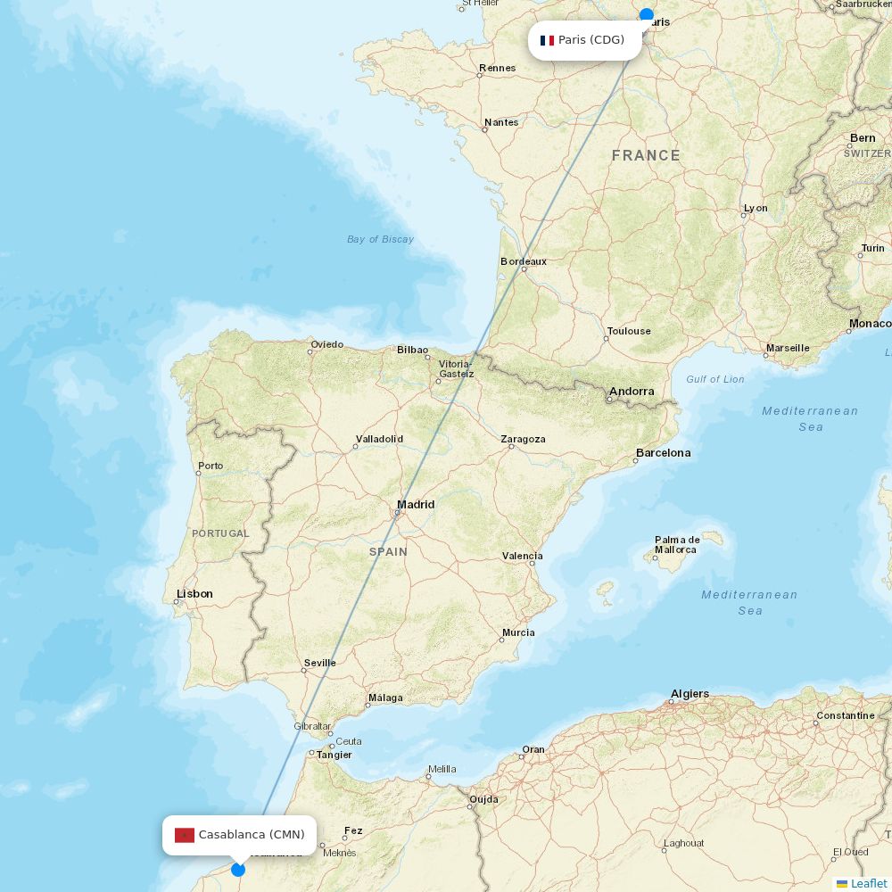 Royal Air Maroc airline routes (AT) 2025, map - Flight Routes