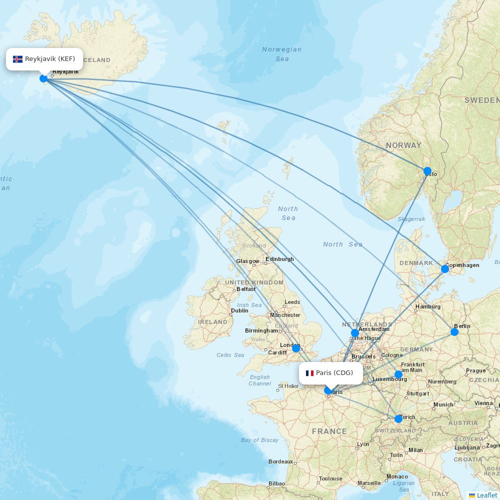 Icelandair airline routes (FI) 2026, map - Flight Routes
