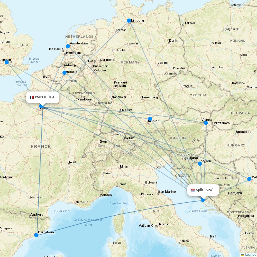 Croatia Airlines routes (OU) 2025, map - Flight Routes