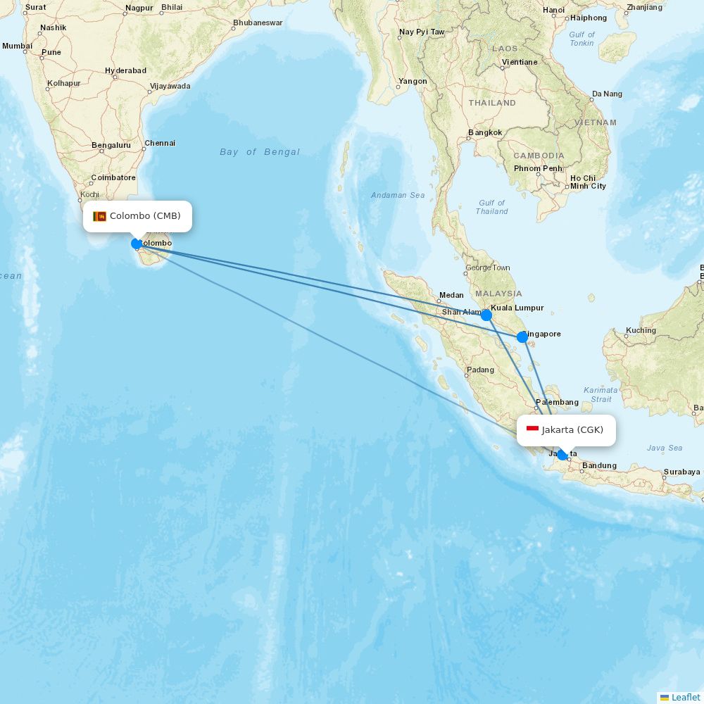 SriLankan Airlines routes (UL) 2025, map - Flight Routes