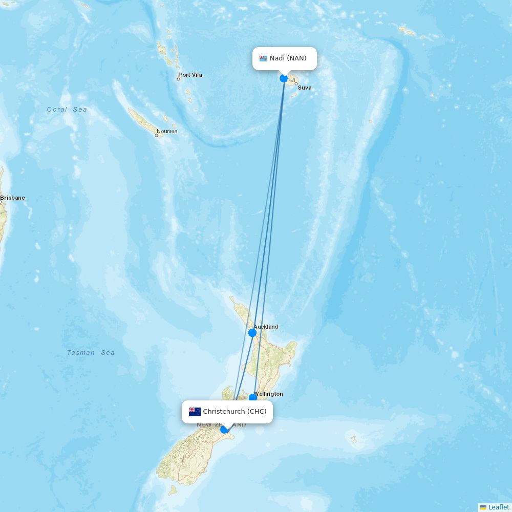 Fiji Airways airline routes (FJ) 2026, map - Flight Routes