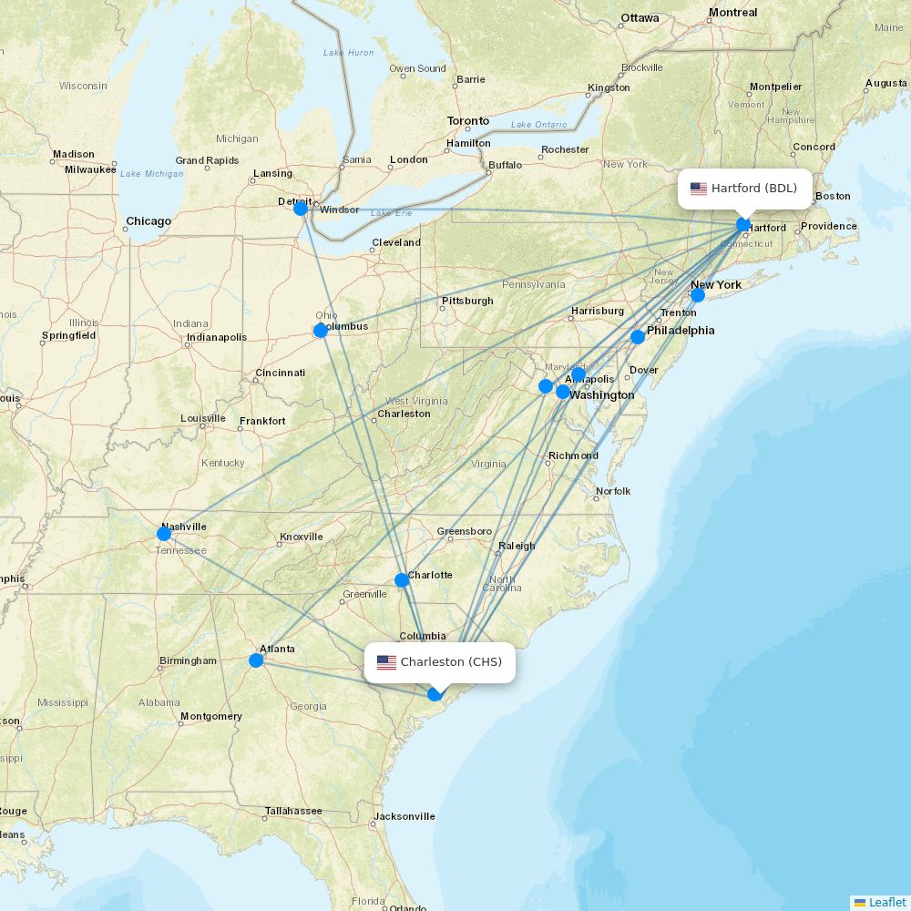 Breeze Airways airline routes (MX) 2025, map - Flight Routes