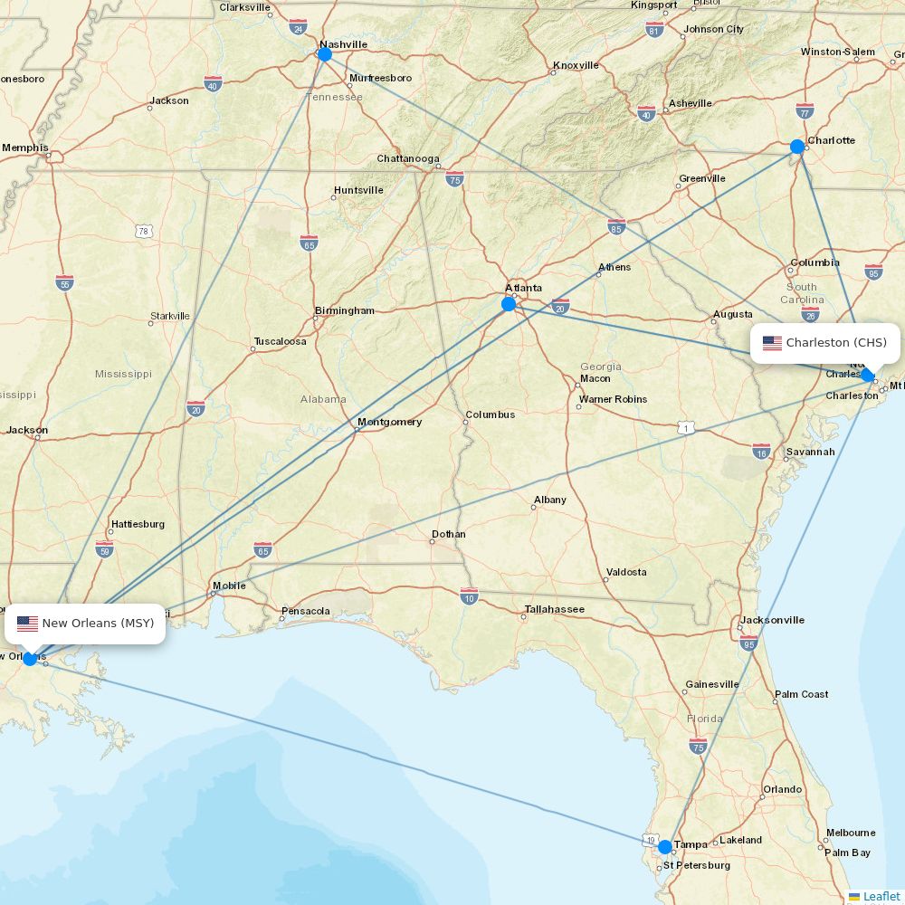 Breeze Airways airline routes (MX) 2025, map - Flight Routes