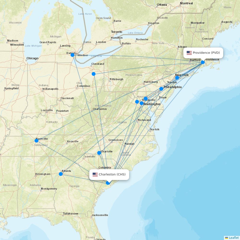 Breeze Airways airline routes (MX) 2025, map - Flight Routes