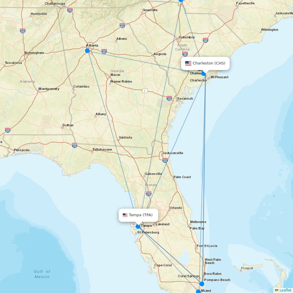 Breeze Airways airline routes (MX) 2025, map - Flight Routes