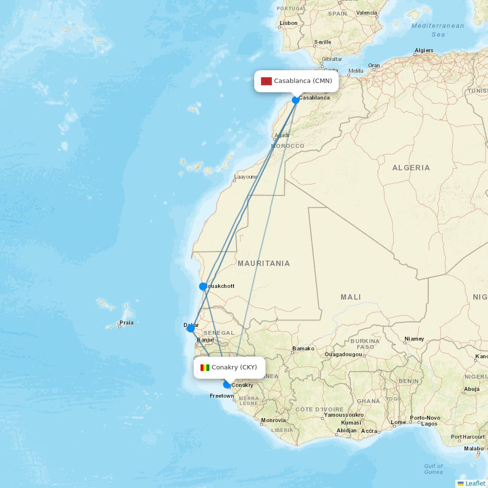 Royal Air Maroc airline routes (AT) 2026, map - Flight Routes