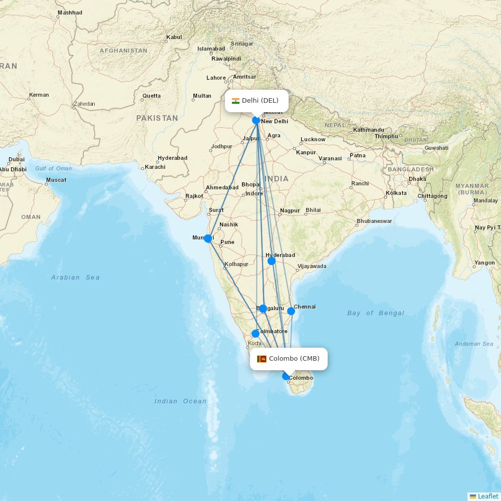 SriLankan Airlines routes (UL) 2025, map - Flight Routes