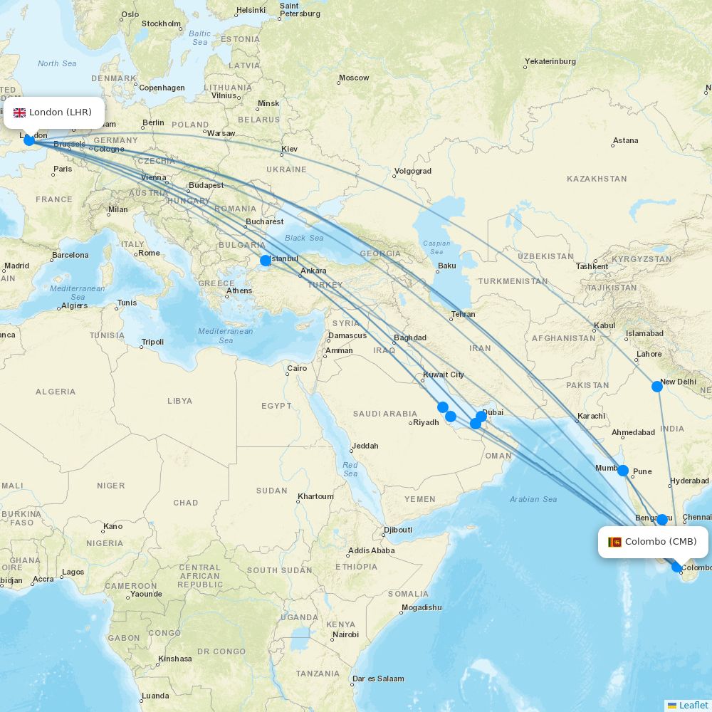 SriLankan Airlines routes (UL) 2025, map - Flight Routes