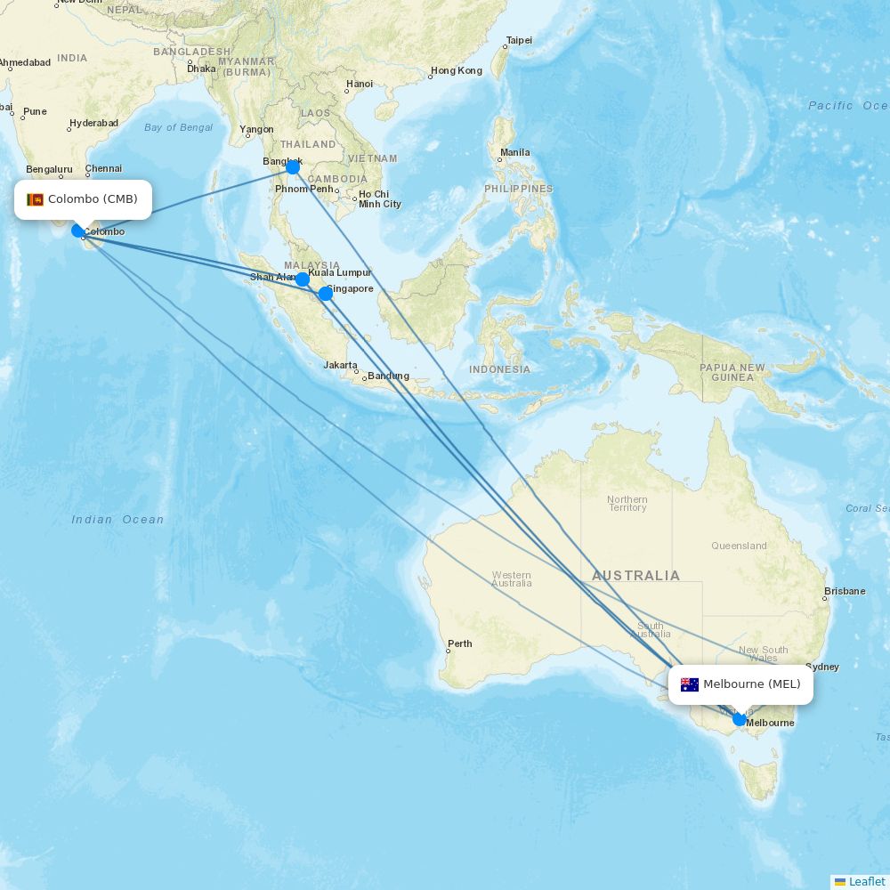 SriLankan Airlines routes (UL) 2025, map - Flight Routes