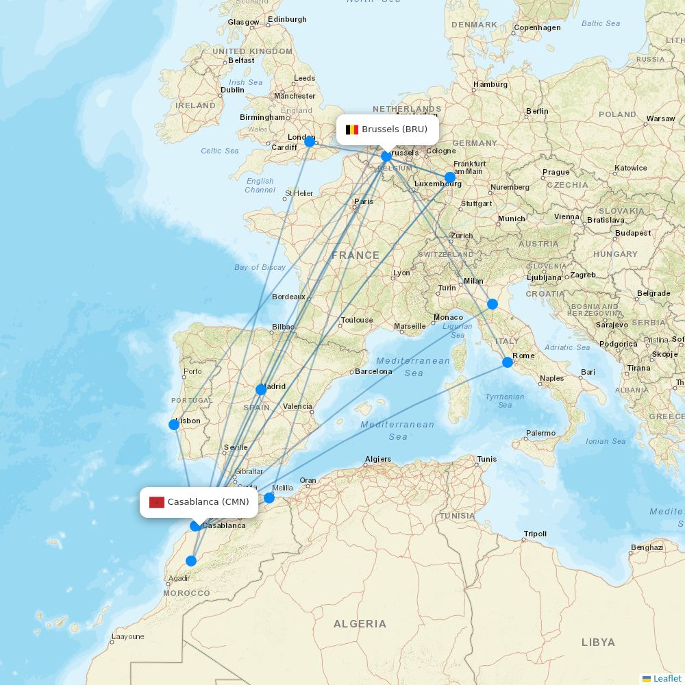 Royal Air Maroc airline routes (AT) 2026, map - Flight Routes