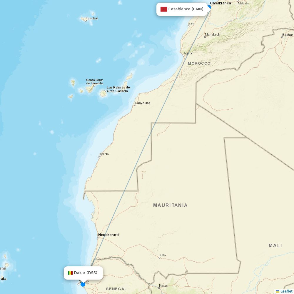 Royal Air Maroc airline routes (AT) 2026, map - Flight Routes