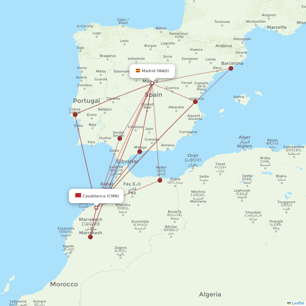 Royal Air Maroc airline routes (AT) 2026, map - Flight Routes