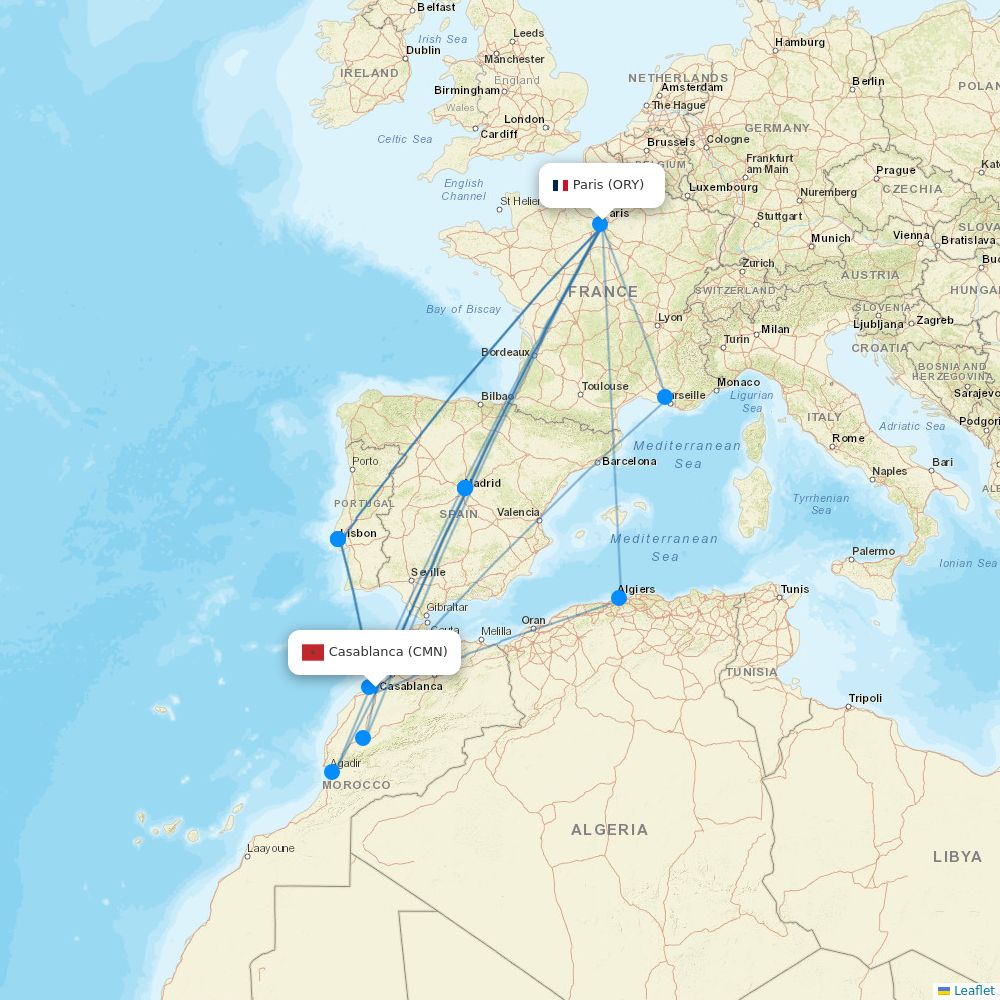 Royal Air Maroc airline routes (AT) 2026, map - Flight Routes