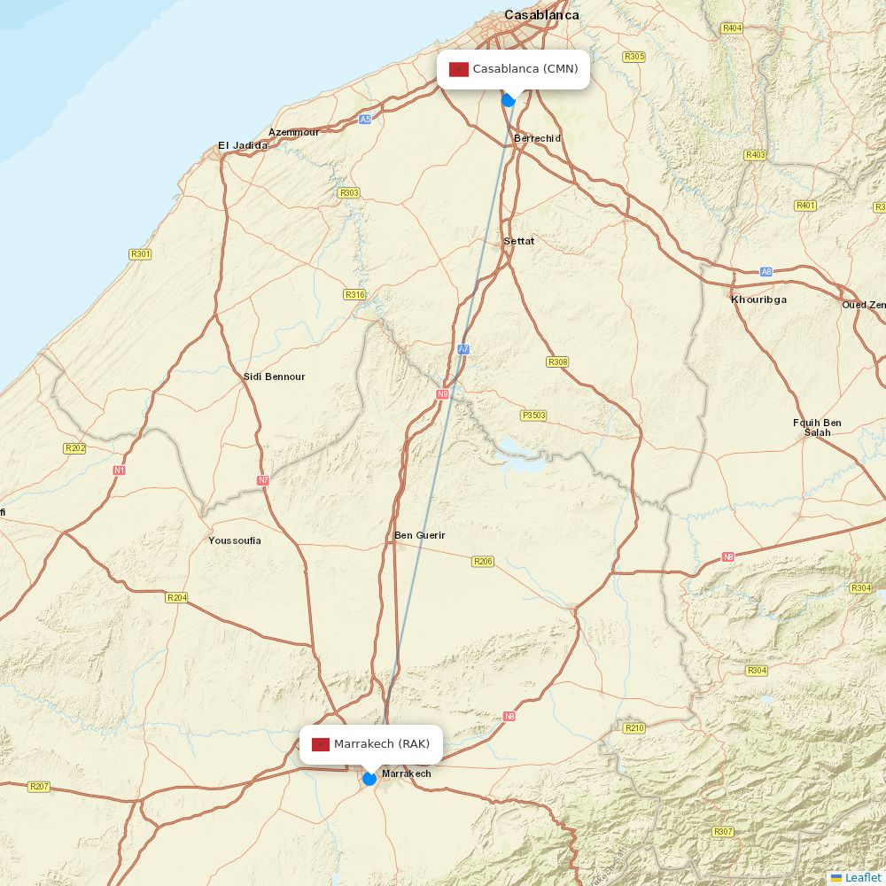 Royal Air Maroc airline routes (AT) 2026, map - Flight Routes