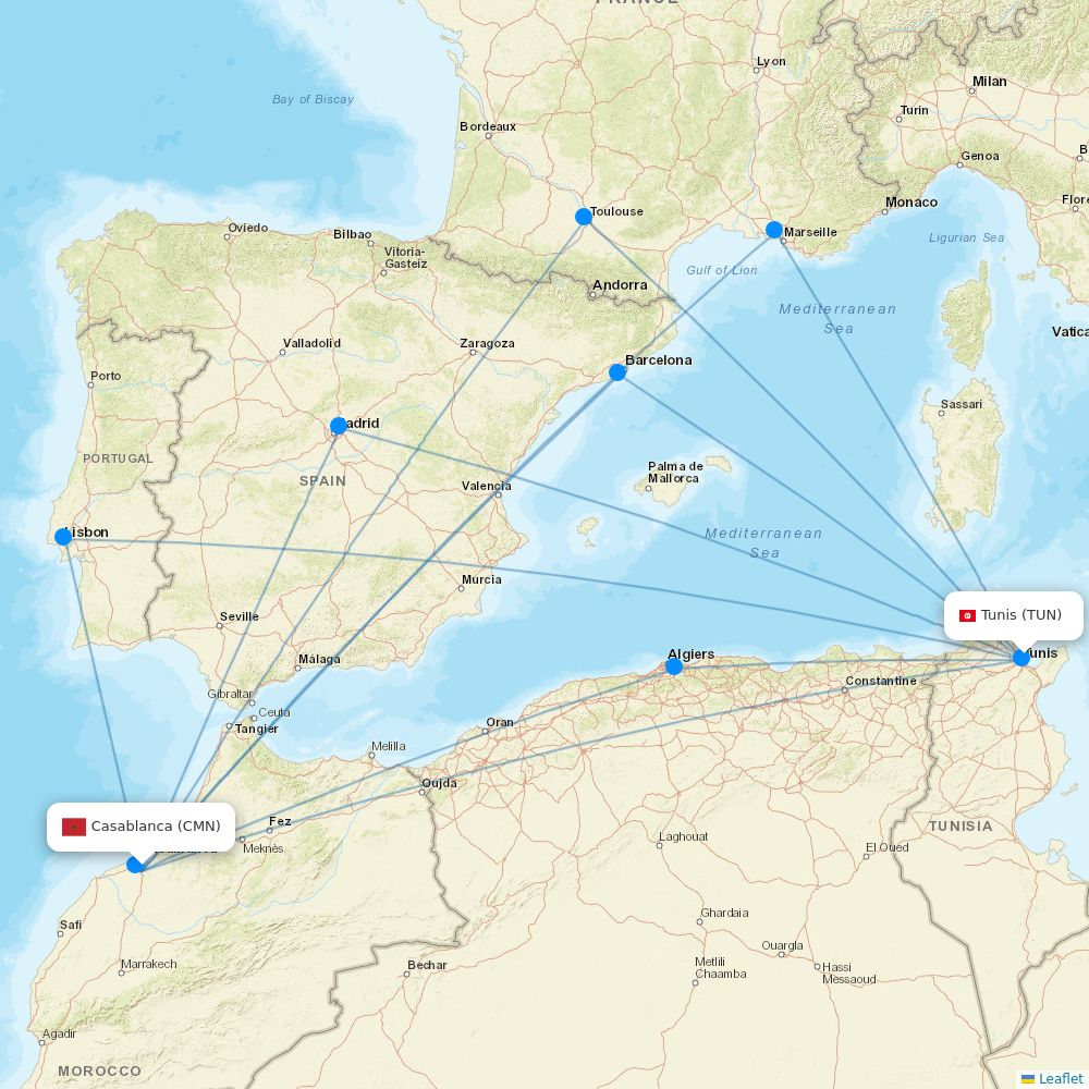 Royal Air Maroc airline routes (AT) - map - Flight Routes