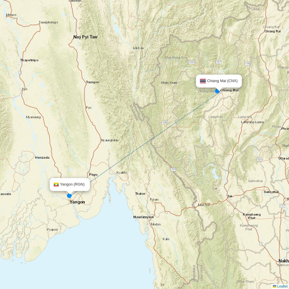 Myanmar Airways International airline routes (8M) 2025, map - Flight Routes