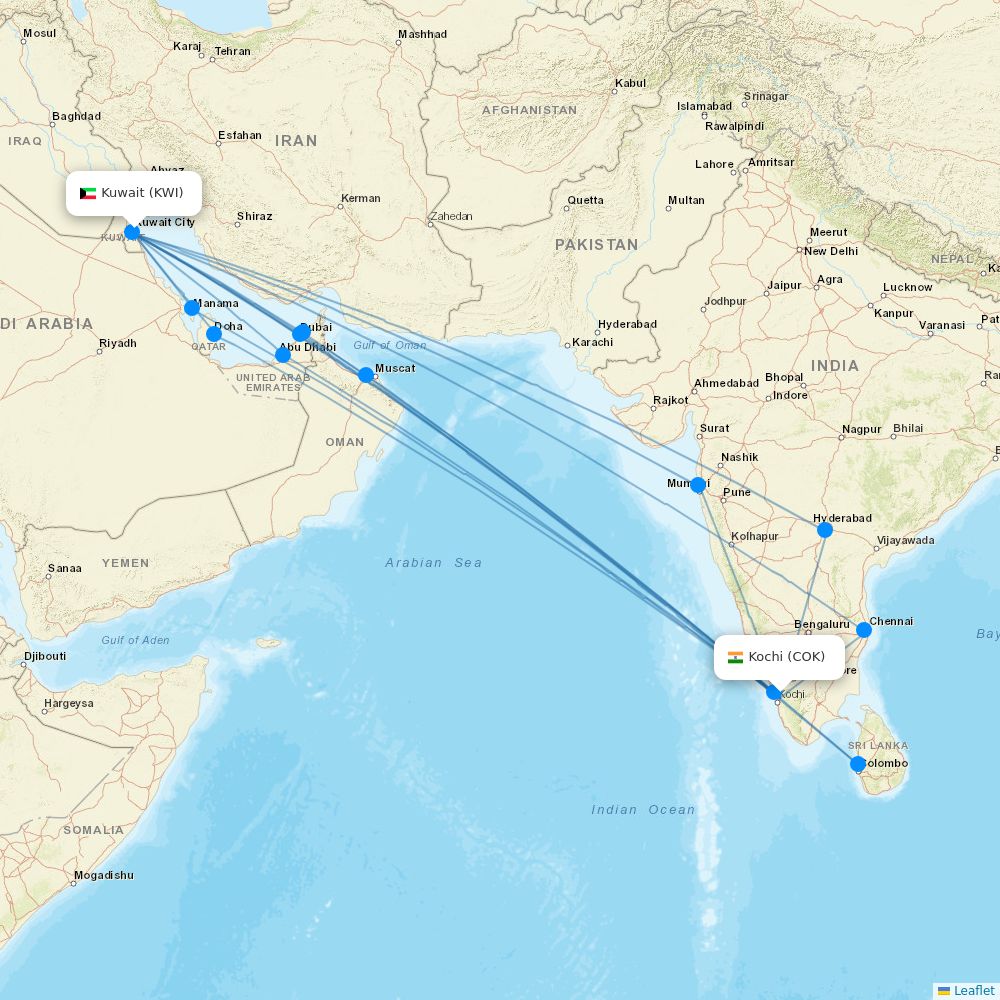 Jazeera Airways airline routes (J9) 2026, map - Flight Routes