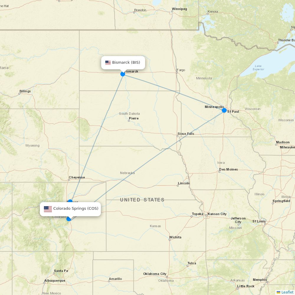 Flights from Colorado Springs to Bismarck, COS to BIS - Flight Routes