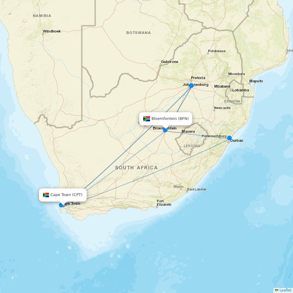 Safair airline routes (FA) 2026, map - Flight Routes
