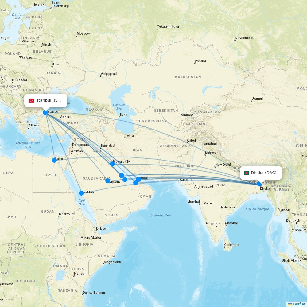 Biman Bangladesh Airlines routes (BG) 2025, map - Flight Routes