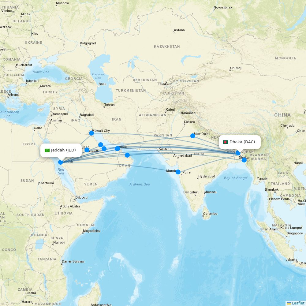 Biman Bangladesh Airlines routes (BG) 2025, map - Flight Routes