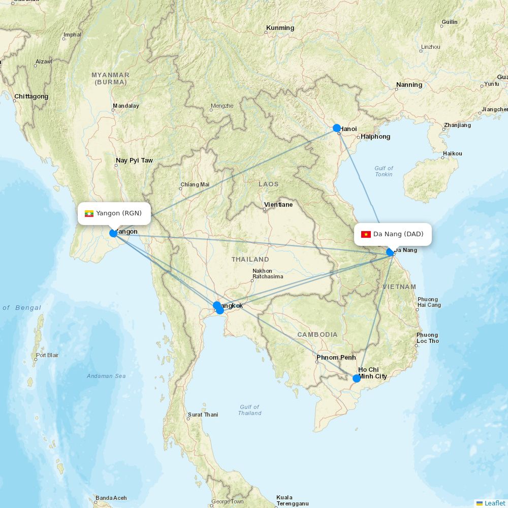 Myanmar Airways International airline routes (8M) 2026, map - Flight Routes