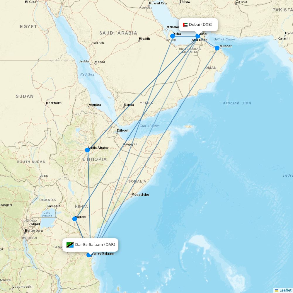 Air Tanzania airline routes (TC) 2026, map - Flight Routes