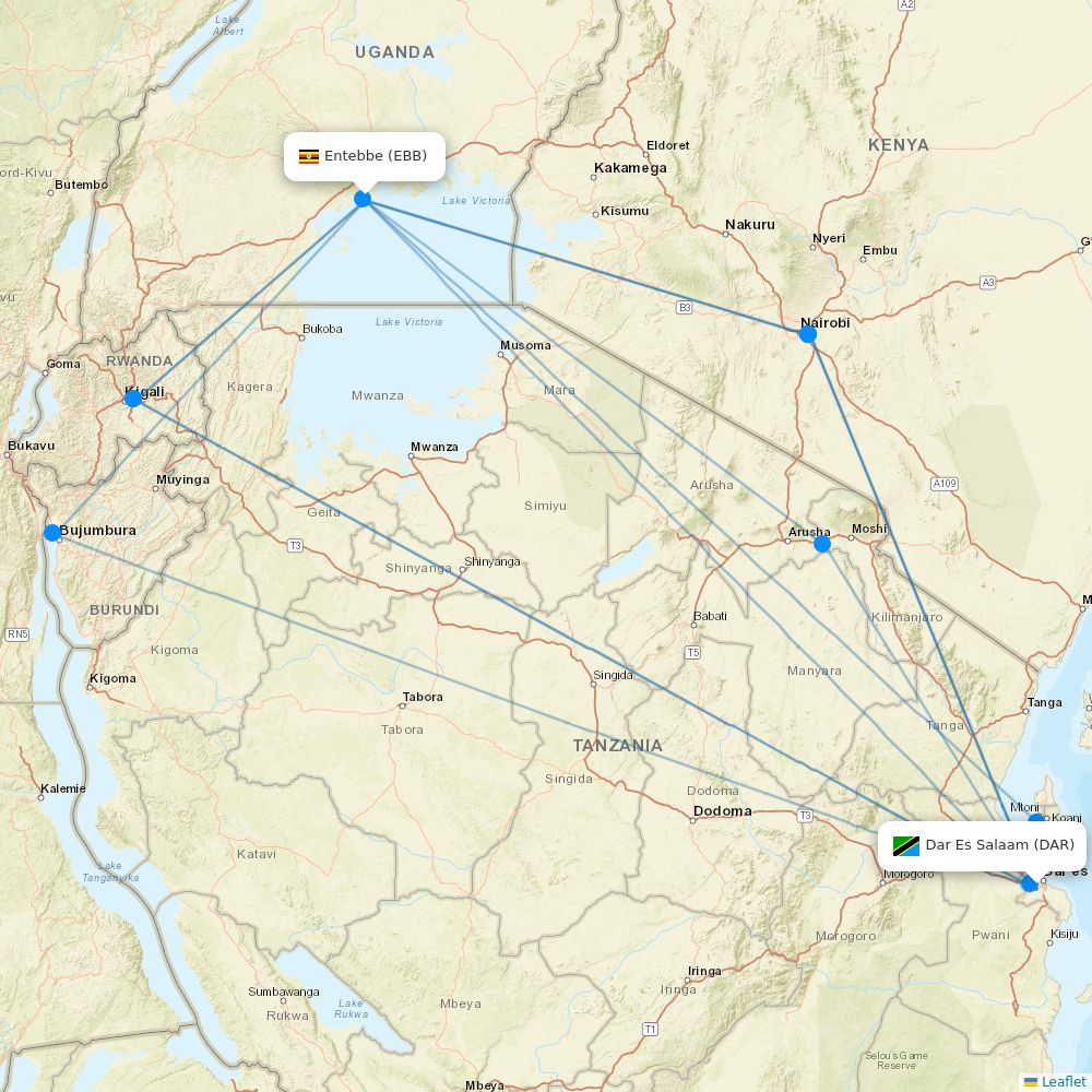 Air Tanzania airline routes (TC) 2026, map - Flight Routes