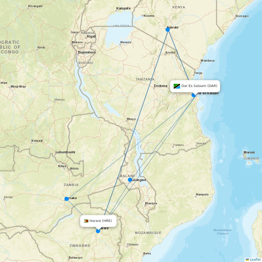 Air Tanzania airline routes (TC) 2026, map - Flight Routes