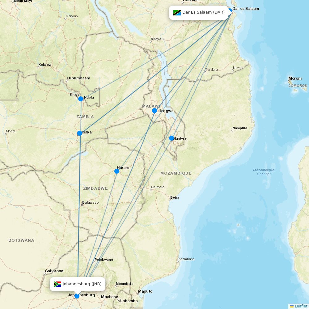 South African Airways airline routes (SA) 2025, map - Flight Routes