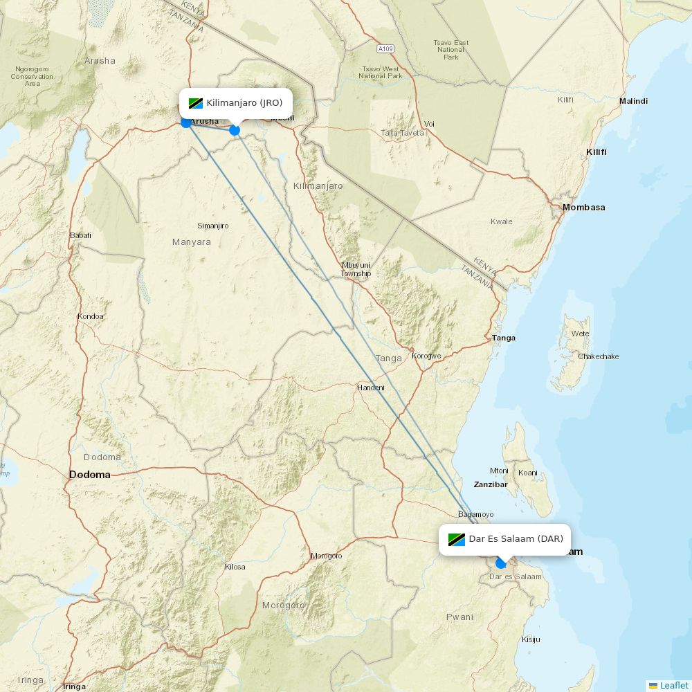 Air Tanzania airline routes (TC) 2025, map - Flight Routes
