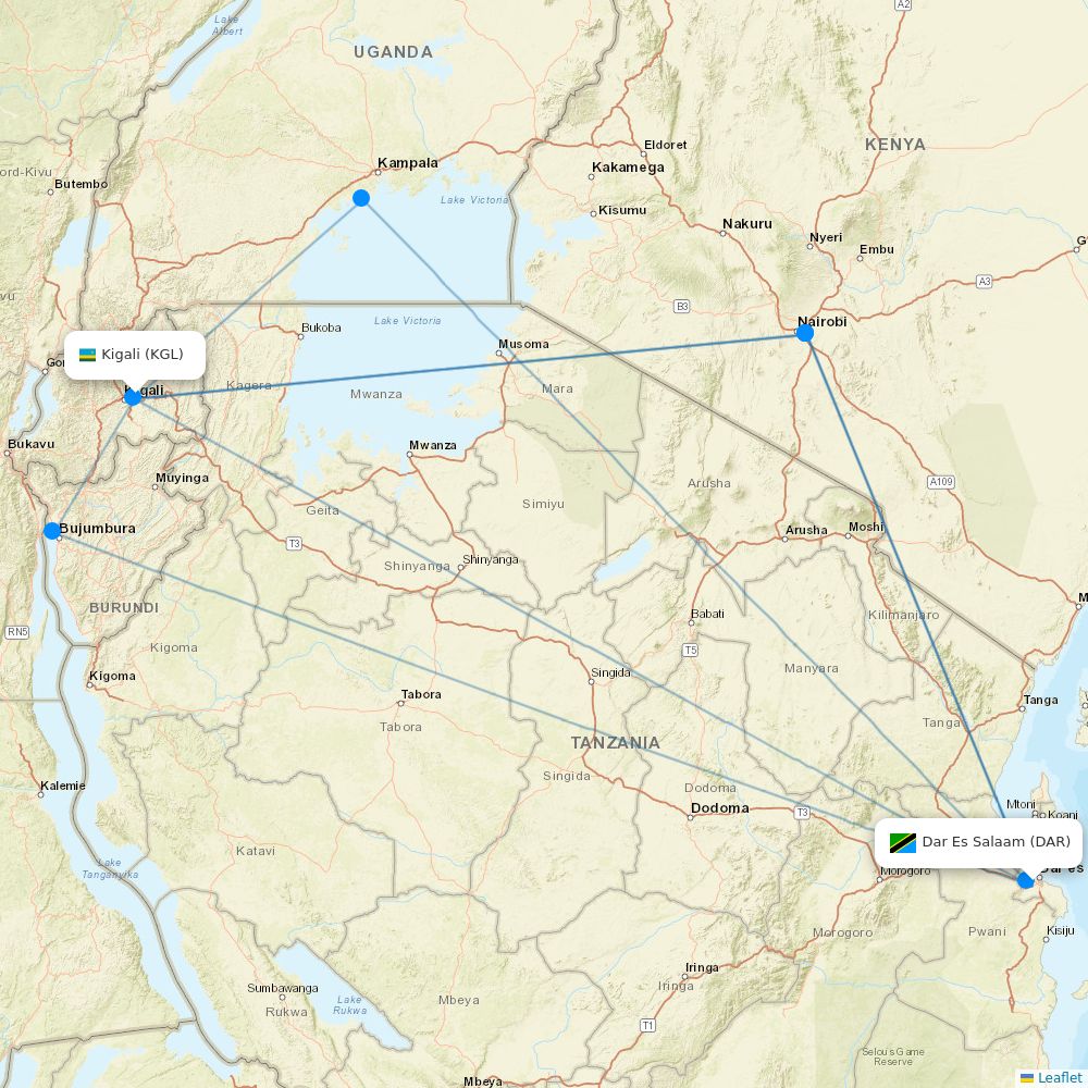 RwandAir airline routes (WB) 2025, map - Flight Routes