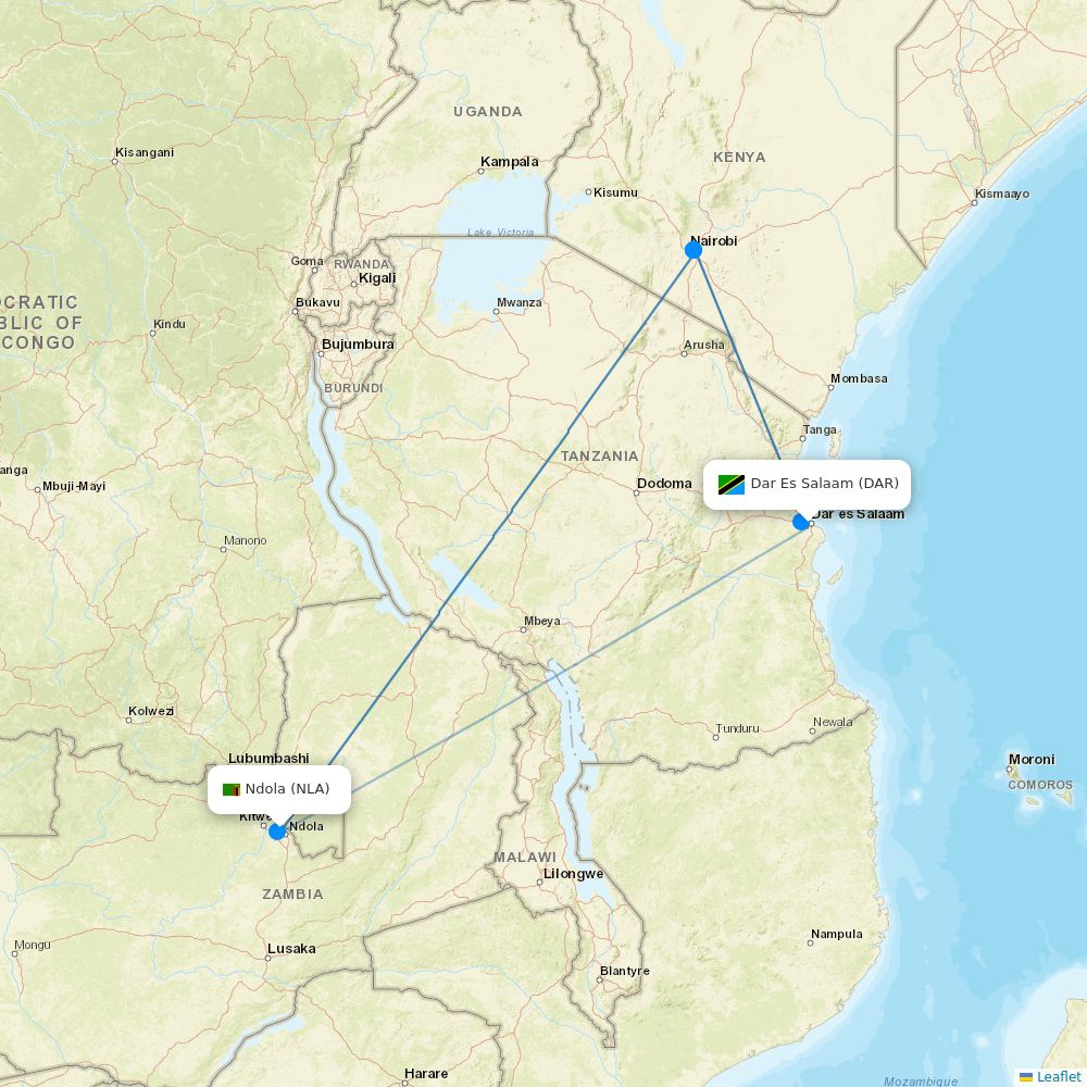 Air Tanzania airline routes (TC) 2025, map - Flight Routes