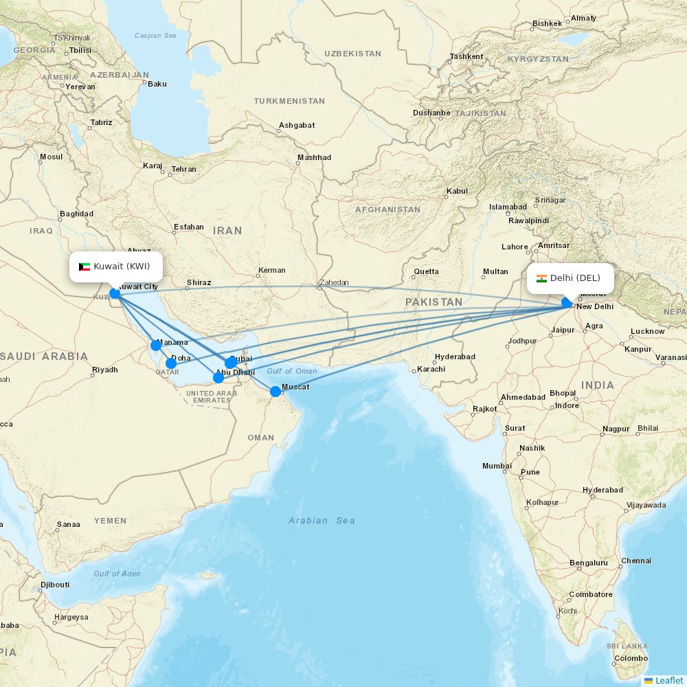 Jazeera Airways airline routes (J9) 2025, map - Flight Routes