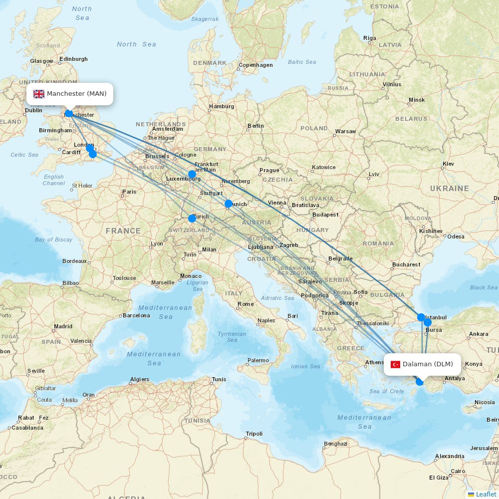 SunExpress airline routes (XQ) 2025, map - Flight Routes