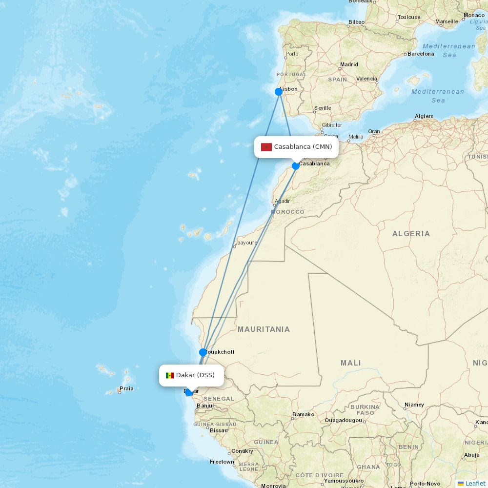 Royal Air Maroc airline routes (AT) 2025, map - Flight Routes