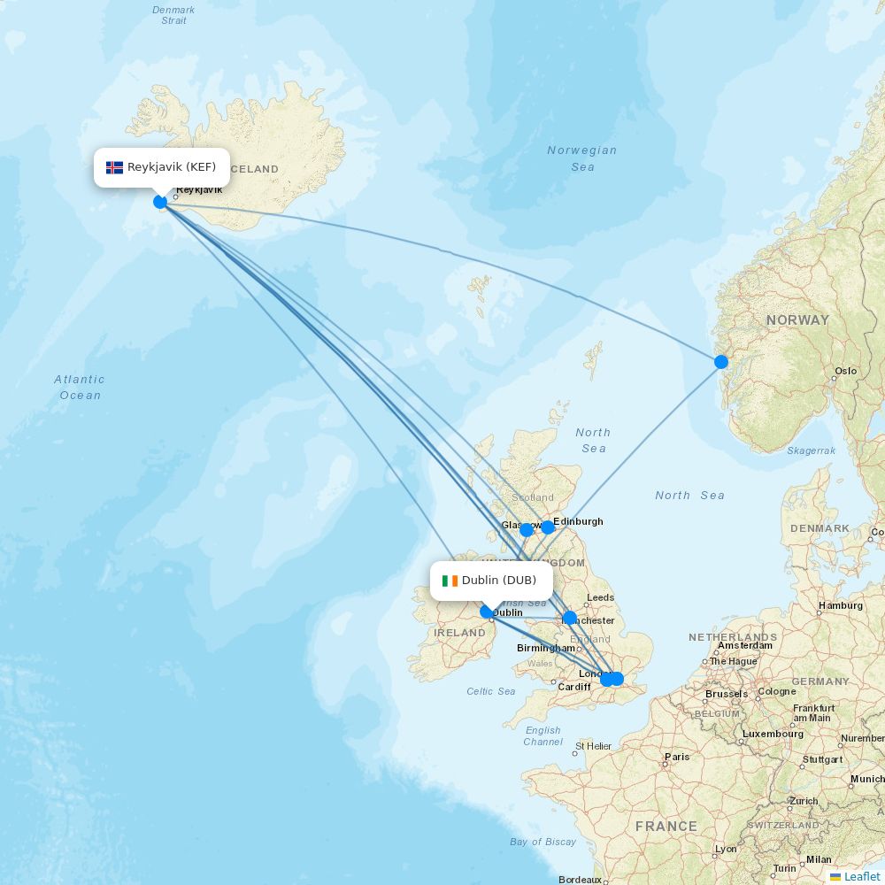 Icelandair airline routes (FI) 2025, map - Flight Routes