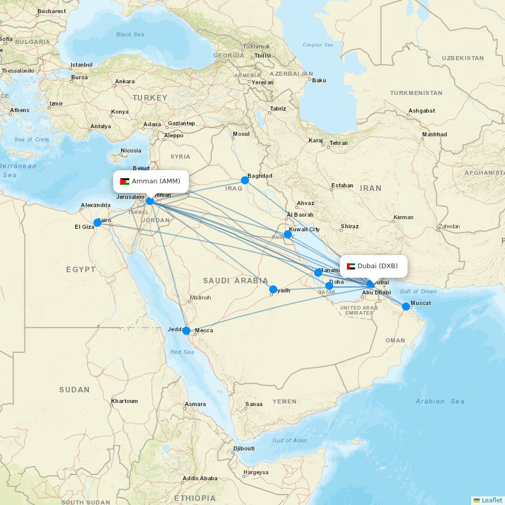 Royal Jordanian airline routes (RJ) 2026, map - Flight Routes