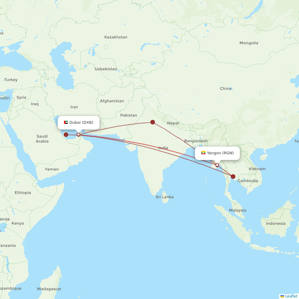 Myanmar Airways International airline routes (8M) 2025, map - Flight Routes