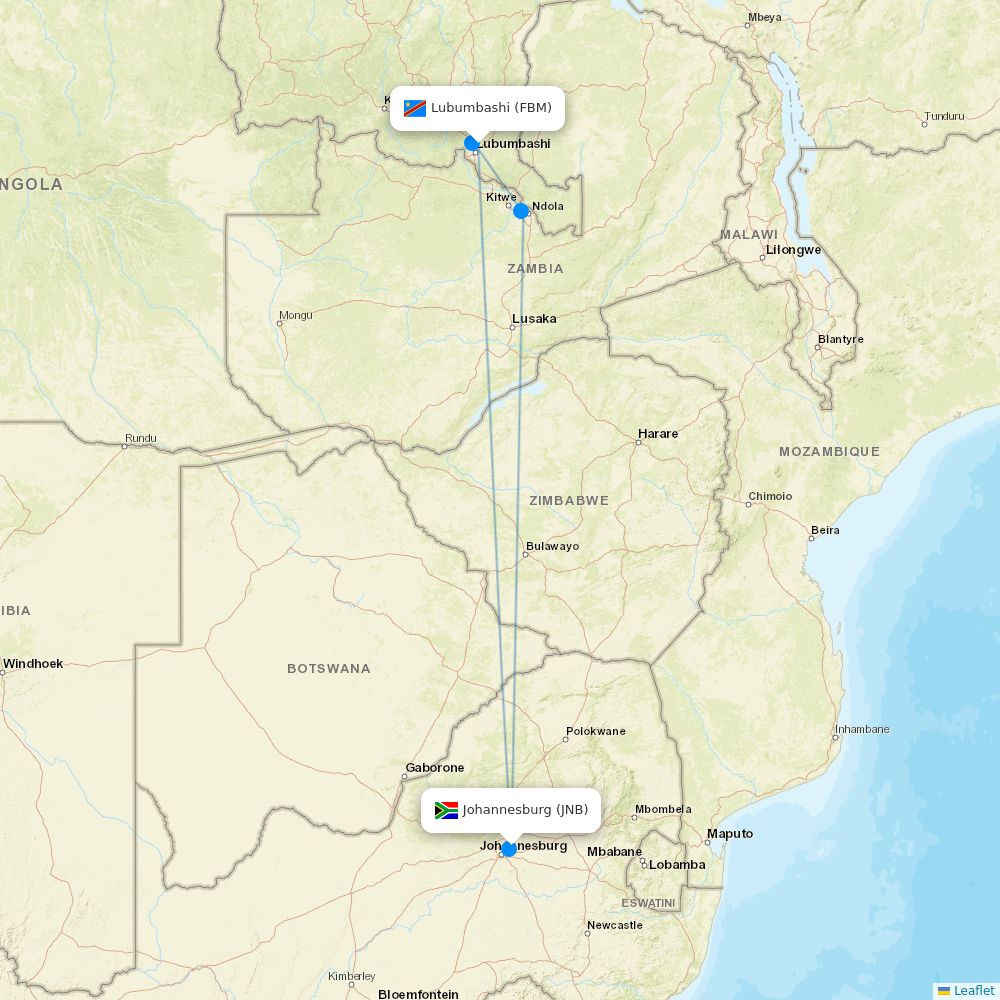 South African Airways airline routes (SA) 2025, map - Flight Routes
