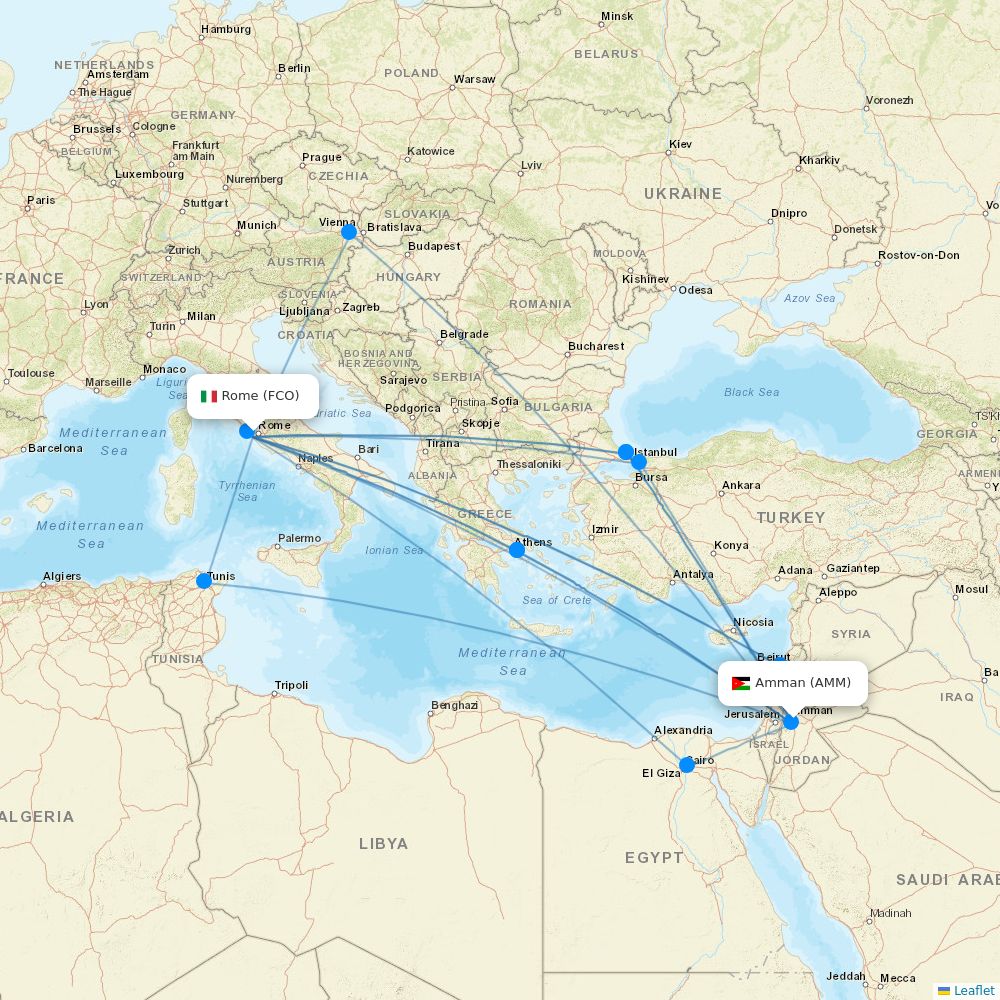 Royal Jordanian airline routes (RJ) 2026, map - Flight Routes