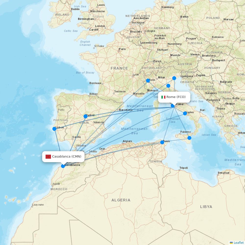 Royal Air Maroc airline routes (AT) 2026, map - Flight Routes