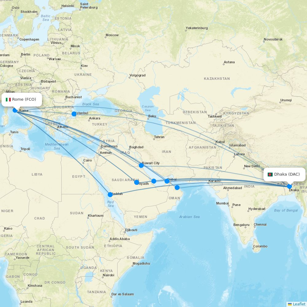 Biman Bangladesh Airlines routes (BG) 2025, map - Flight Routes